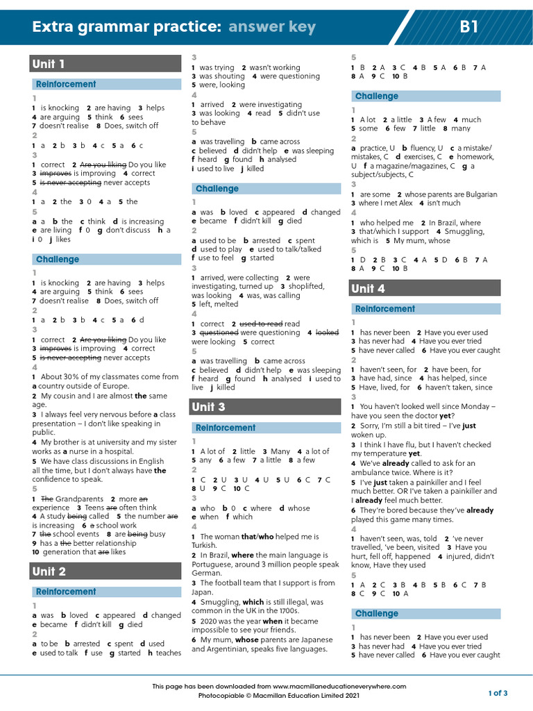 B1 Extra Grammar Practice Answer Key | PDF