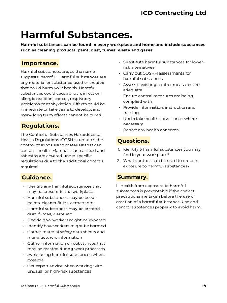 Toolbox Talk-Harmful Substances | PDF | Working Conditions ...