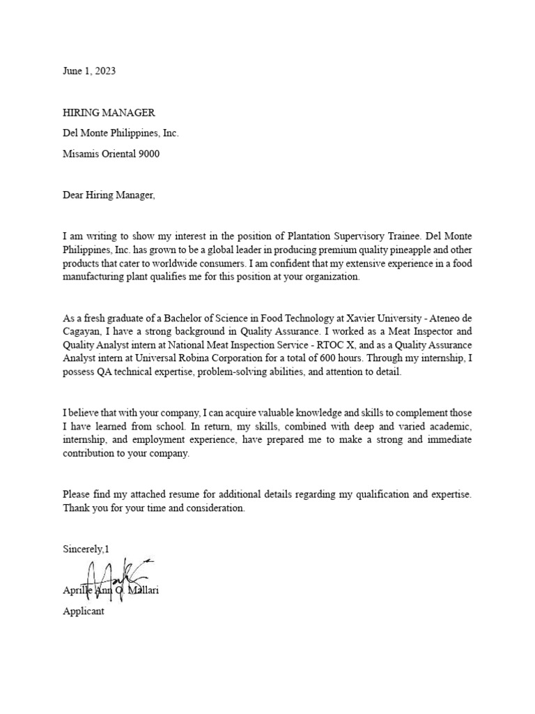 Cover Letter For Del Monte | PDF