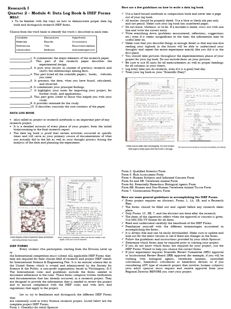 Research I Q2M4 - Data Log Book & ISEF Forms | PDF | Institutional ...