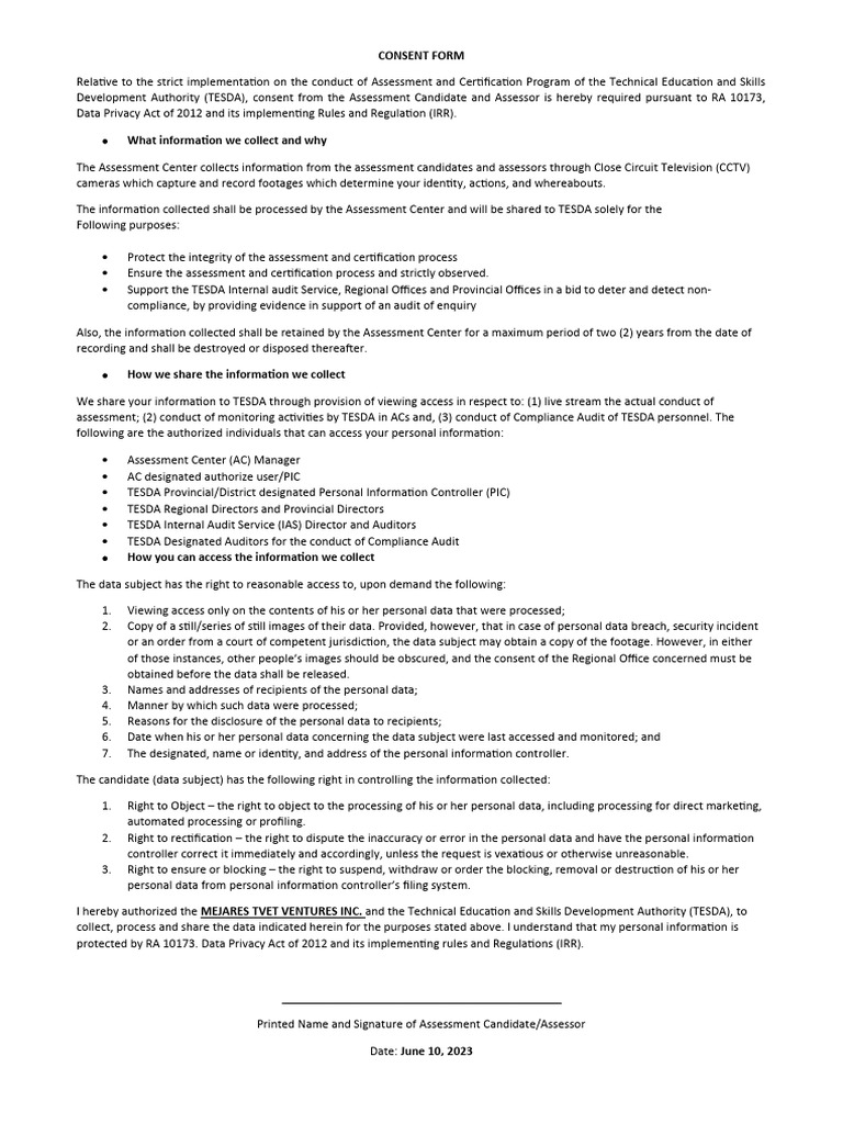 CONSENT FORM Assessment | Download Free PDF | Audit | Regulatory Compliance