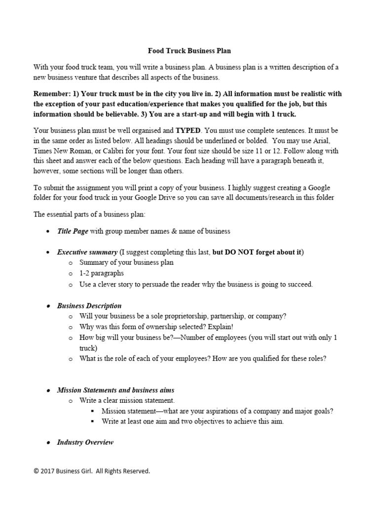 Food Truck Business Plan Instructions Rubric-1 | PDF | Marketing ...
