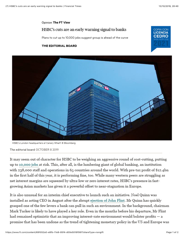 Bankers: Heed HSBC's Cost-Cutting | PDF | Hsbc | Banks