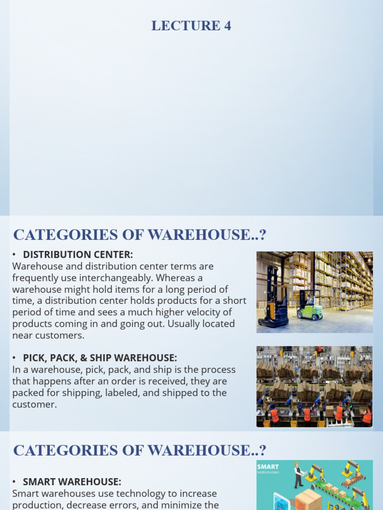Warehouse & Storage Techniques - Lecture 4 | PDF | Warehouse | Cargo Warehouse & Storage Techniques - Lecture 4 | PDF | Warehouse | Cargo