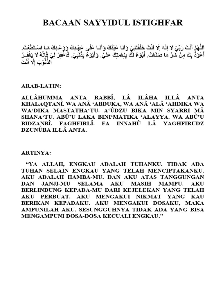 BACAAN SAYYIDUL ISTIGHFAR | PDF