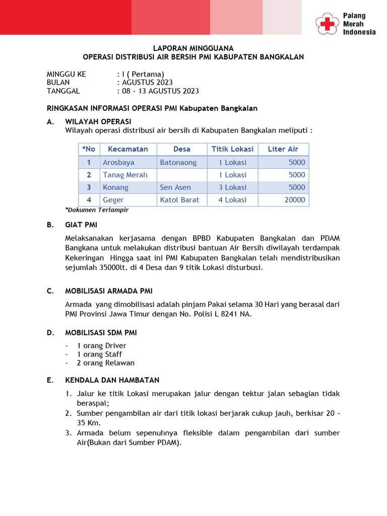 Laporan Mingguana Operasi Distribusi Air Bersih Pmi Kabupaten Bangkalan ...