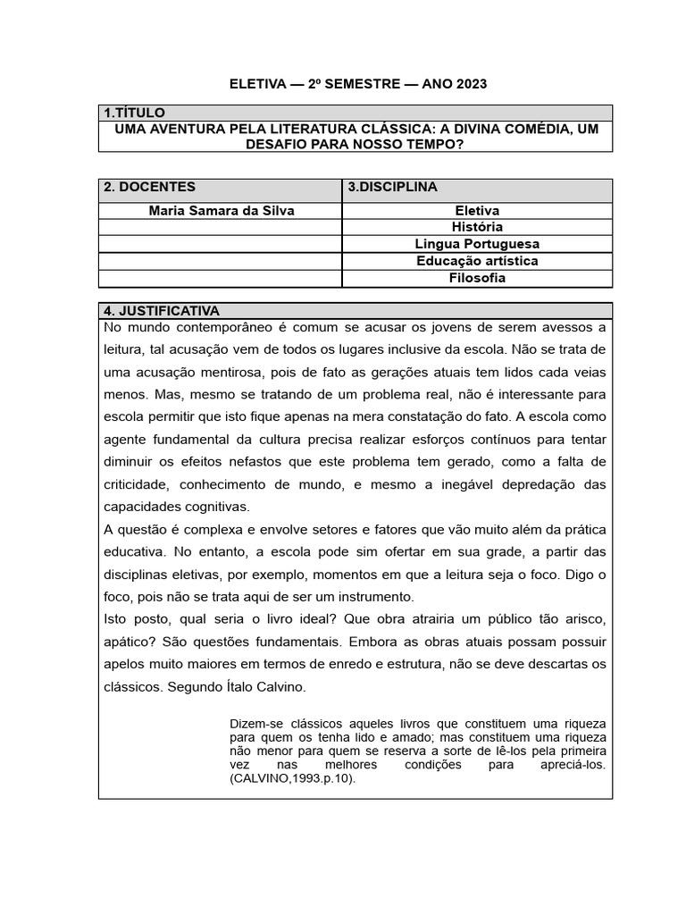 Ii - Plano de Disciplina Eletiva | PDF | Divina Comédia | Dante Alighieri