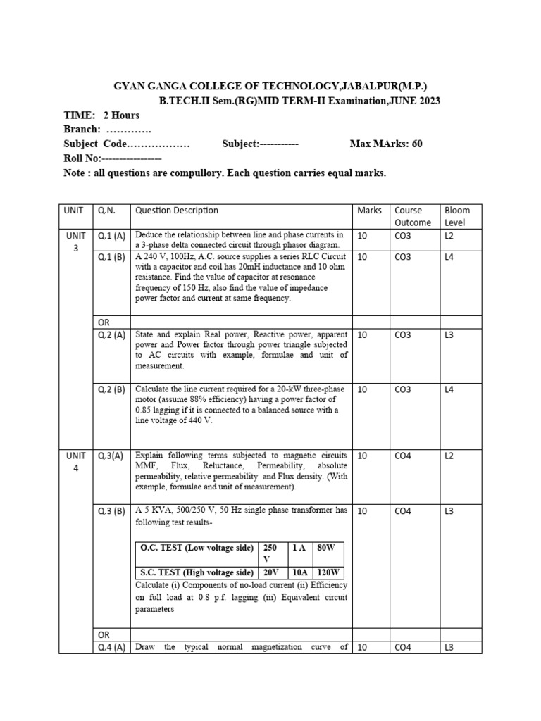 Beee GGCT Mid Term 2 Paper 2023 | PDF | Transformer | Ac Power