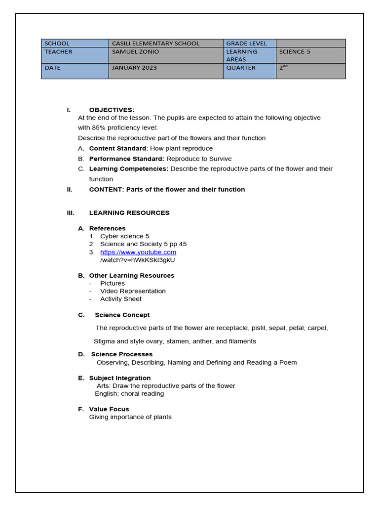 Grade 5 Cot Lesson Plan | PDF | Flowers | Pollination