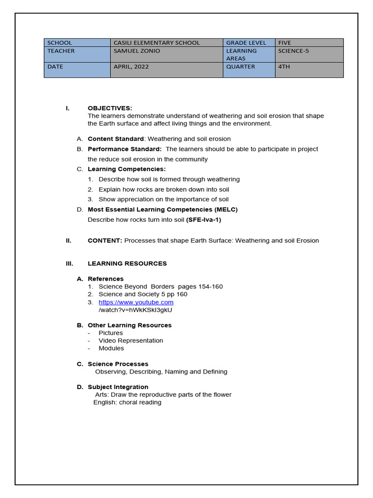 Grade 5 Cot Lesson Plan Science Q4 | PDF | Weathering | Learning