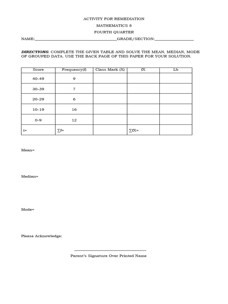 Remediation Activities for Math 8 & 9 | PDF