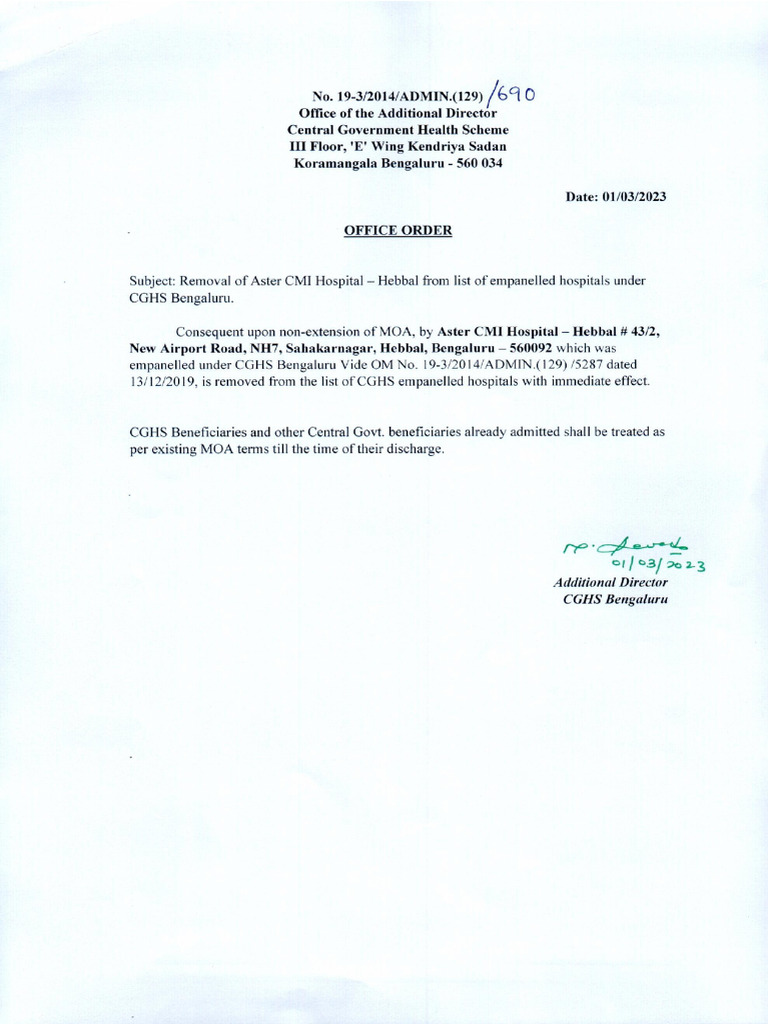 Office Order Regarding Removal of Aster CMI Hospital Under CGHS Bengaluru (1 March 2023) | PDF