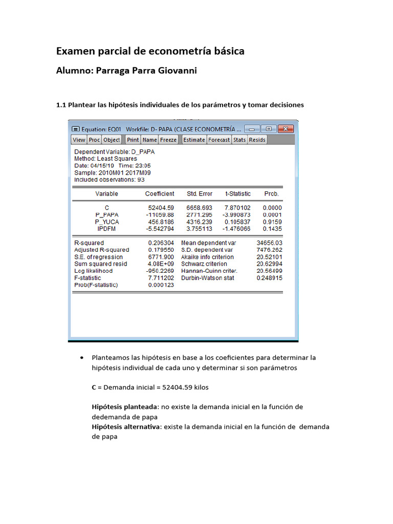 Examen Parcial de Econometría Básica | PDF | Elasticidad (economía) | La elasticidad precio de ...