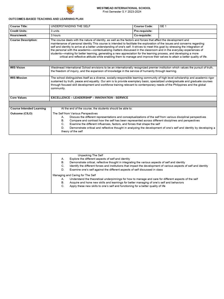 Sede 3 - Understanding The Self - Course Syllabus 1 | PDF | Self ...