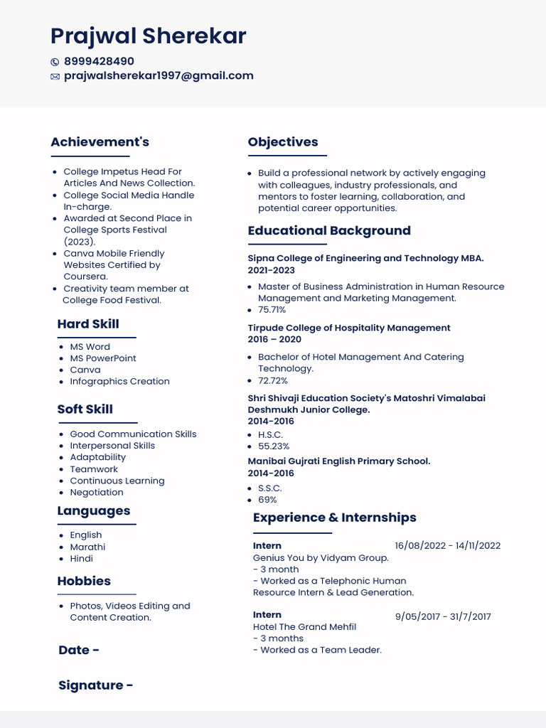 Prajwal Sherekar's Professional Profile | PDF