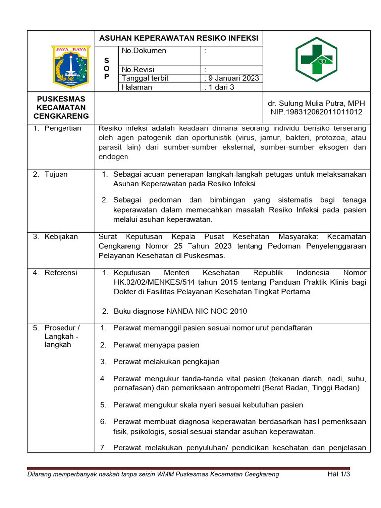 Sop Asuhan Kepeerawatan Resiko Infeksi Revisi | PDF