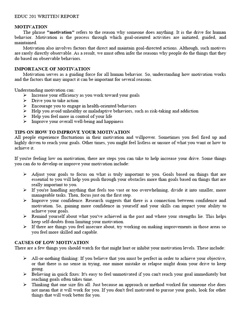 Educ 201 Written Report | PDF | Motivational | Motivation