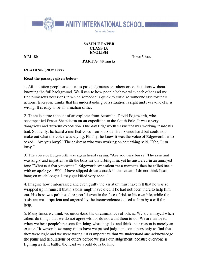 Class IX English Sample Paper | PDF | Self-Improvement