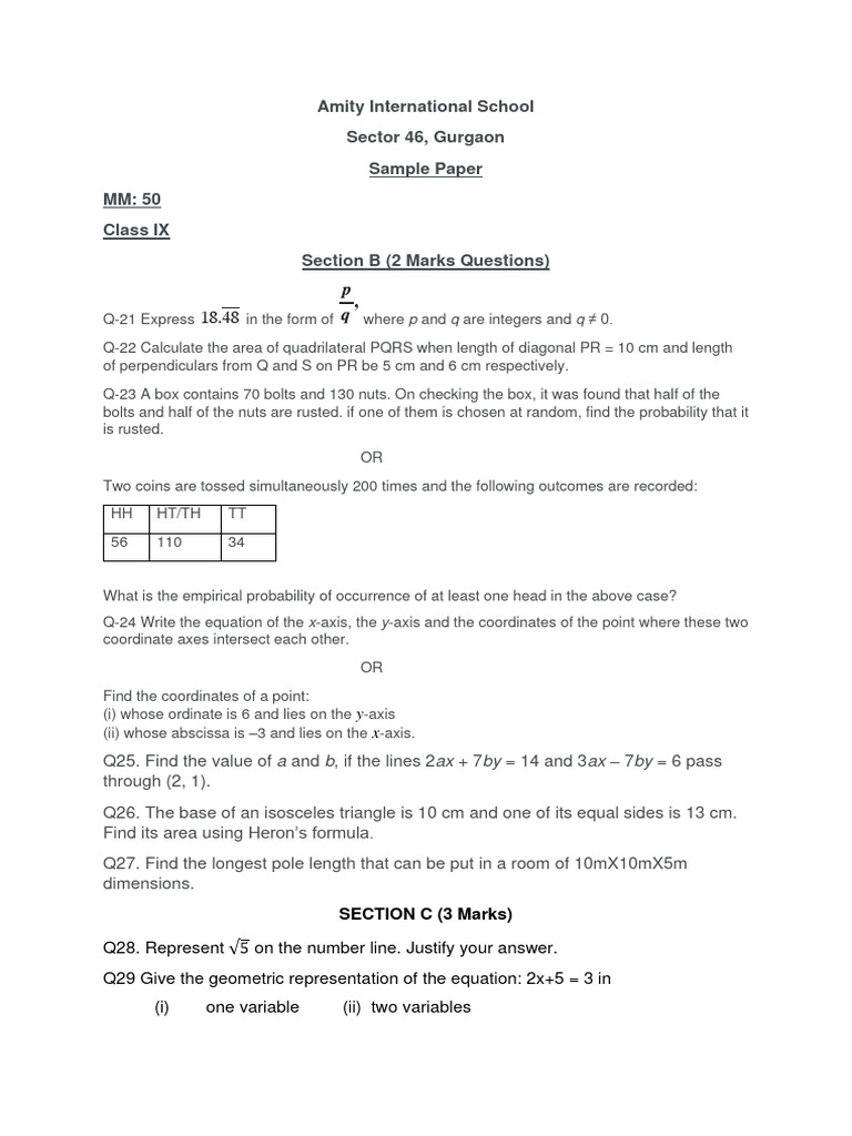 Class IX Math Sample Paper | PDF | Cartesian Coordinate System | Triangle