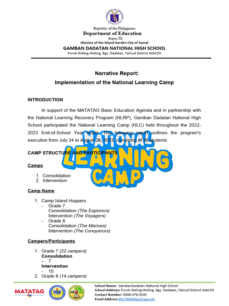 National Learning Camp Report 2023 | PDF | Teachers | Learning