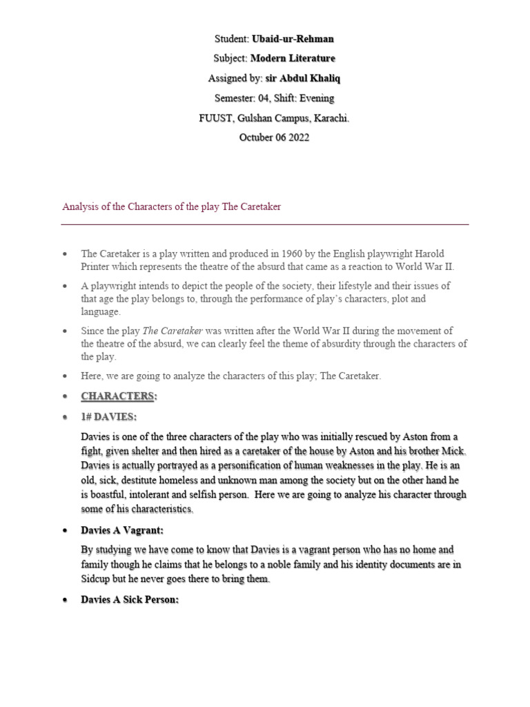 Analysis of The Characters of The Play The Caretaker | PDF