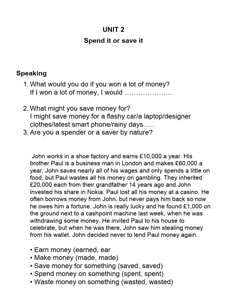 UNIT 2 spend it or save it CAE | PDF