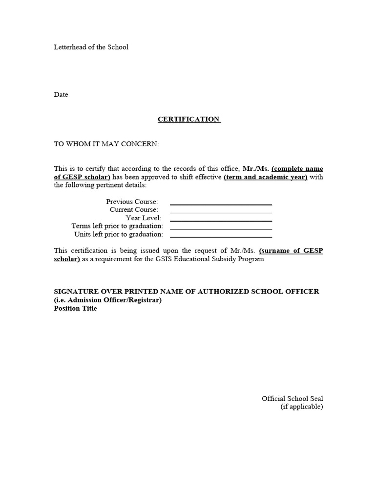 School Certification For Shifting of Course (Revised) - GESP | PDF