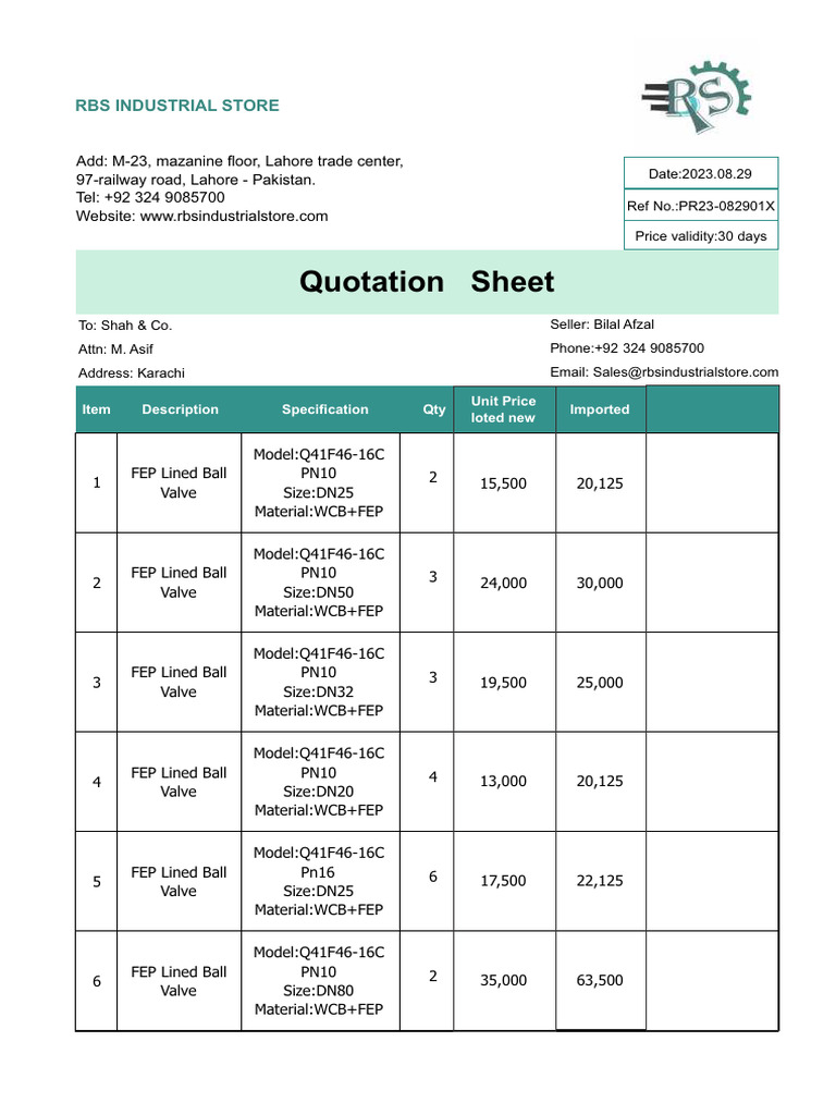FEP Lined Valves Quotation 2023 | PDF | Valve | Actuator