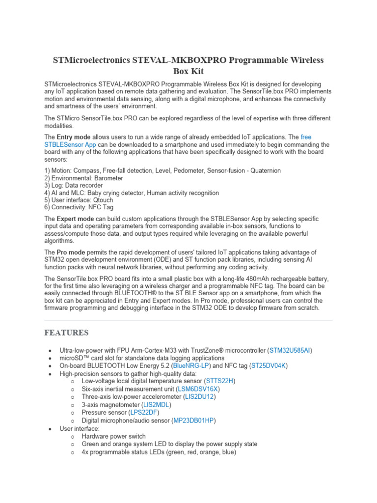 Stmicroelectronics Steval-Mkboxpro Programmable Wireless Box Kit | PDF