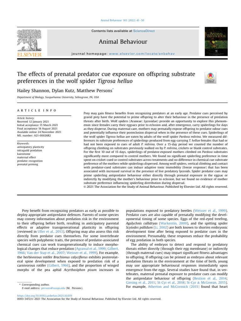 The Effects of Prenatal Predator Cue Exposure On Offspring Substrate Preferences in The Wolf ...