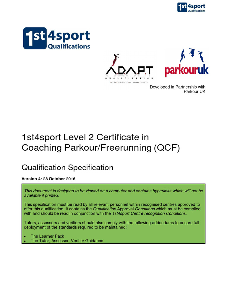 L2 Certificate in Coaching Parkour Freerunning QCF QS V4 281016 | PDF ...