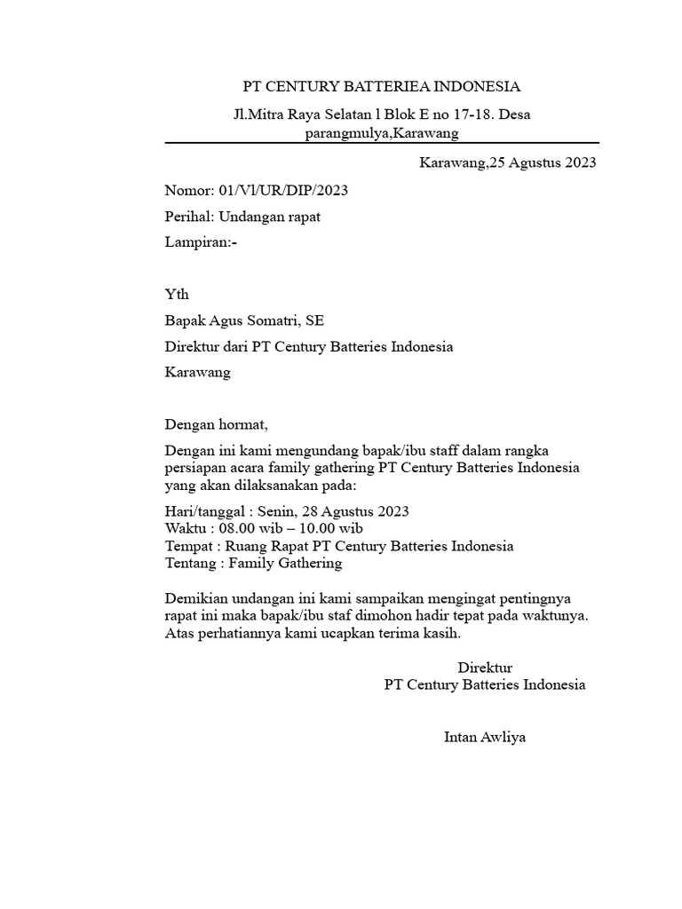 Undangan Rapat Family Gathering (Intan Awliya) | PDF