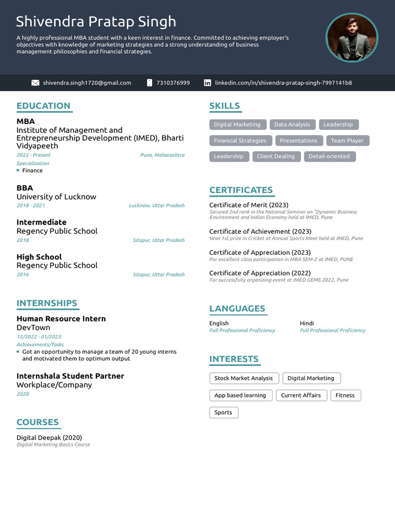 Shivendra's Resume | PDF | Master Of Business Administration | Economies