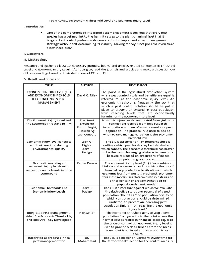 Topic Review On Economic Threshold Level and Economic Injury Level | PDF