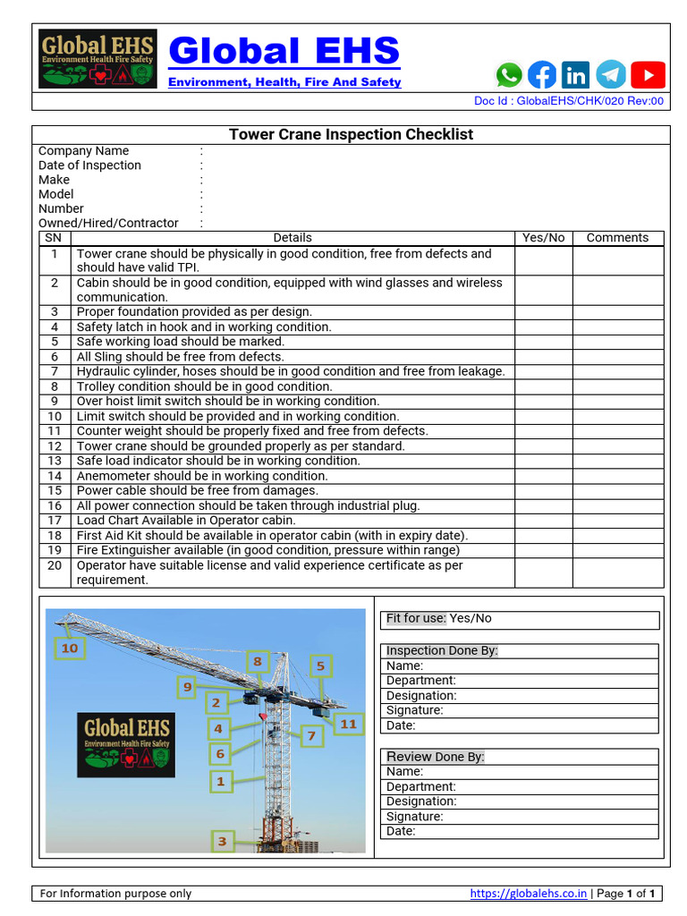 Tower Crane Safety Inspection Checklist Global EHS | PDF | Crane (Machine) | Manufactured Goods