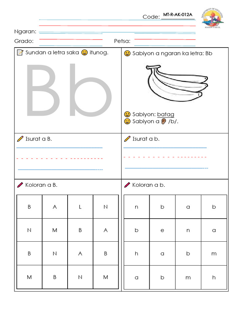 Code: - Ngaran: Grado: Petsa: Sundan A Letra Saka Itunog. Sabiyon A Ngaran Ka Letra: BB | PDF