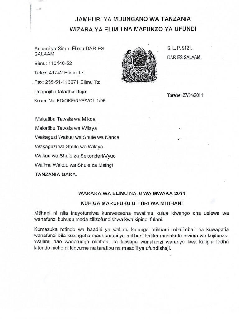 Waraka Wa Elimu Na.6 Wa Mwaka 2011 Kupiga Marufuku Utitiri Wa Mitihani | PDF