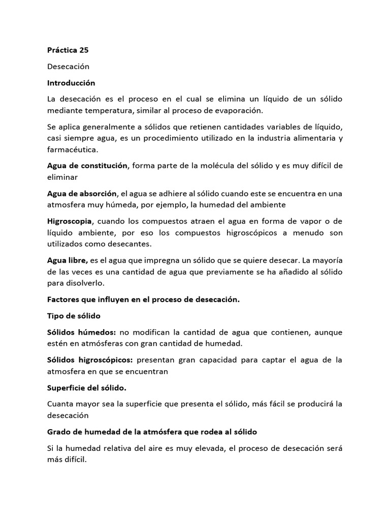 Práctica 25 DESECACION | PDF | Agua | Líquidos