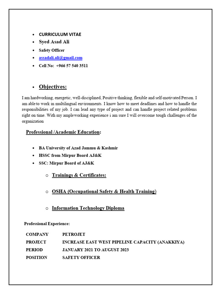 Syed Asad Ali HSE Officer CV-1 | PDF