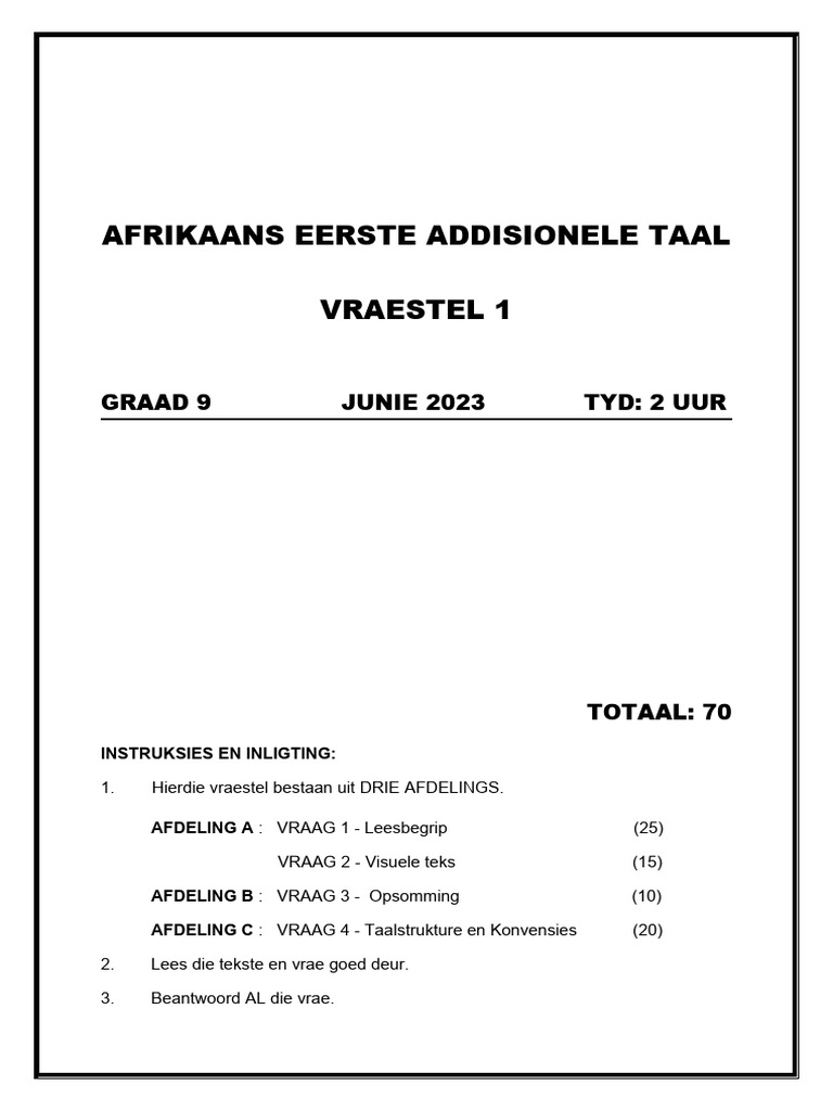 Graad 9 Junie Vraestel 1 | PDF