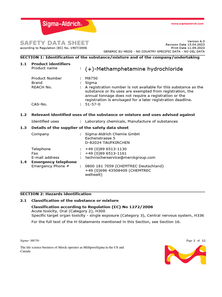 Safety Data Sheet: (+) - Methamphetamine Hydrochloride | Download Free ...