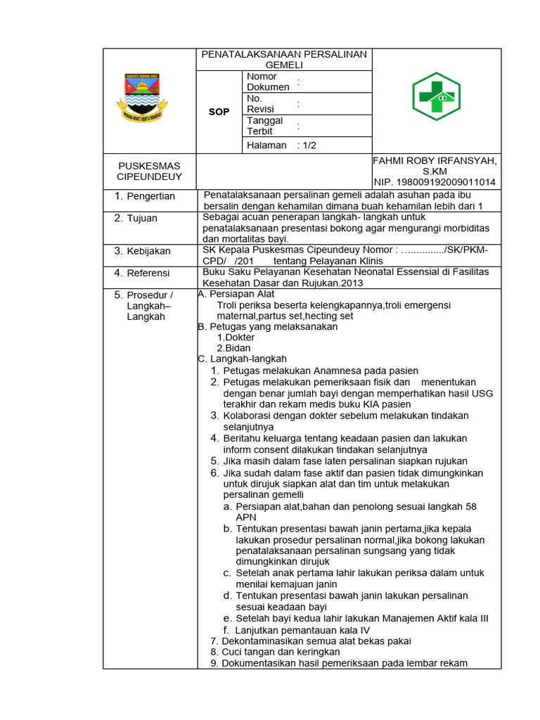 SOP Persalinan Gemeli | PDF