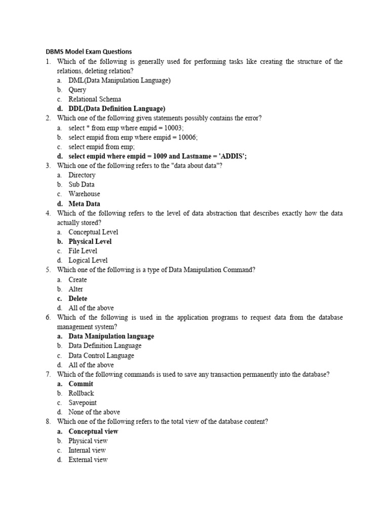 DBMS Model Exam Questions | PDF | Technology & Engineering