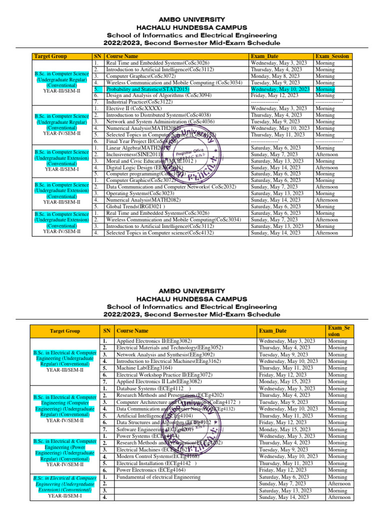 Ambo Univ. 2023 Mid-Exam Schedule | PDF | Computer Science | Engineering