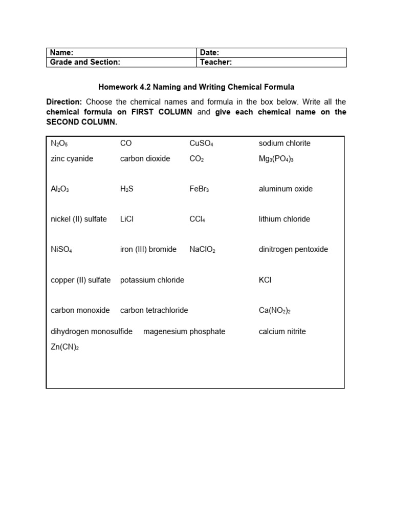 Homework 4.2 Naming and Writing of Chemical Fomula | PDF