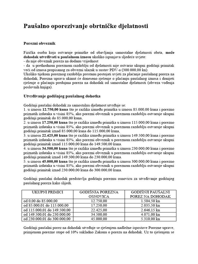Paušalno Oporezivanje Dohotka Obrta U 2021. | PDF