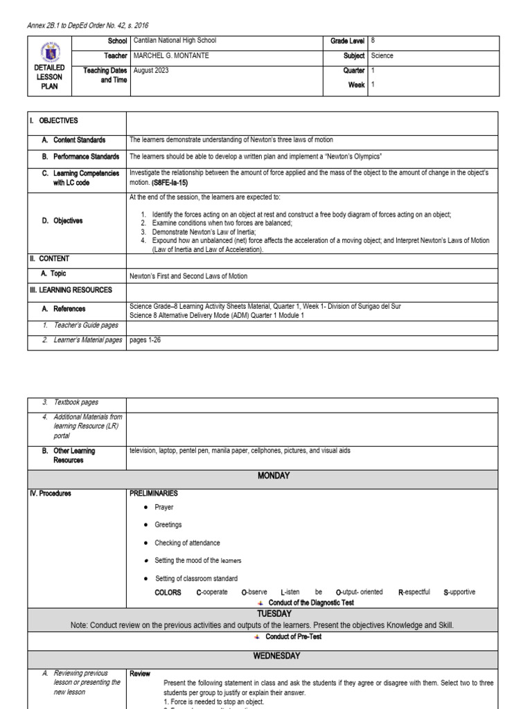 FINAL Detailed Lesson Plan Science - Week - 1 | PDF | Force | Acceleration