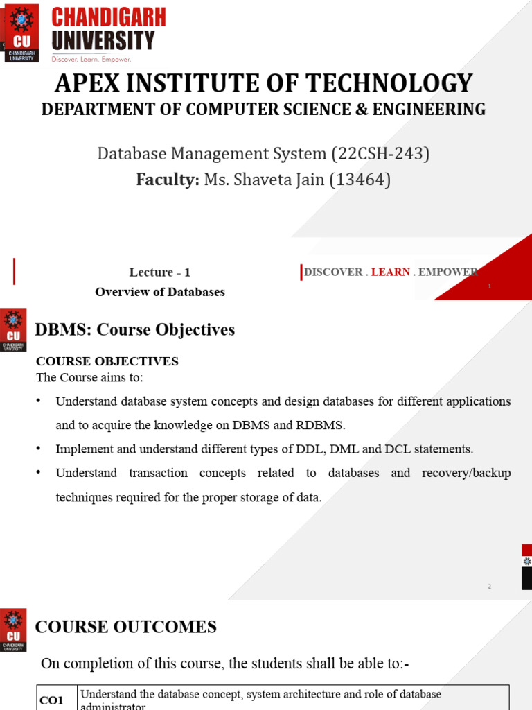 Lecture 1.1 Overview of Databases and Lecture 1.2 DBMS | PDF | Databases | Relational Database