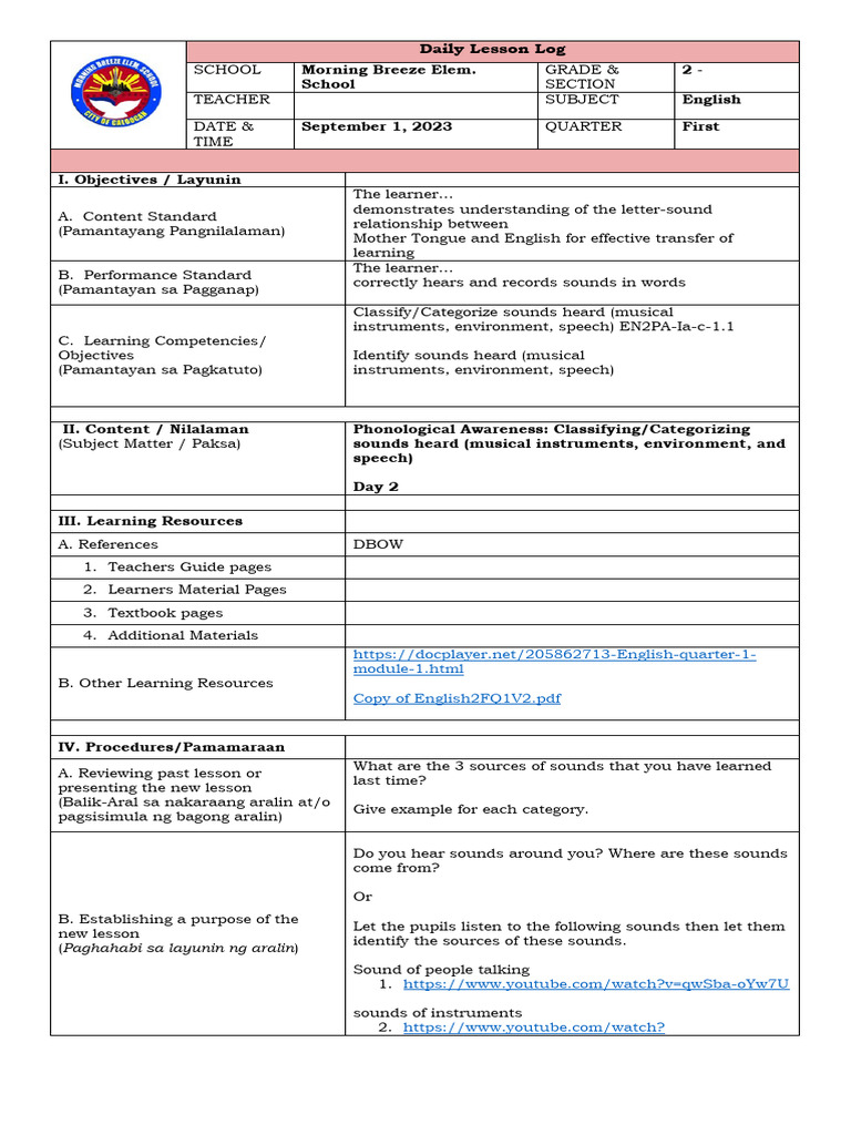 English 2 Q1W1 Categorizing Sounds (Musical Instruments, Environmental ...