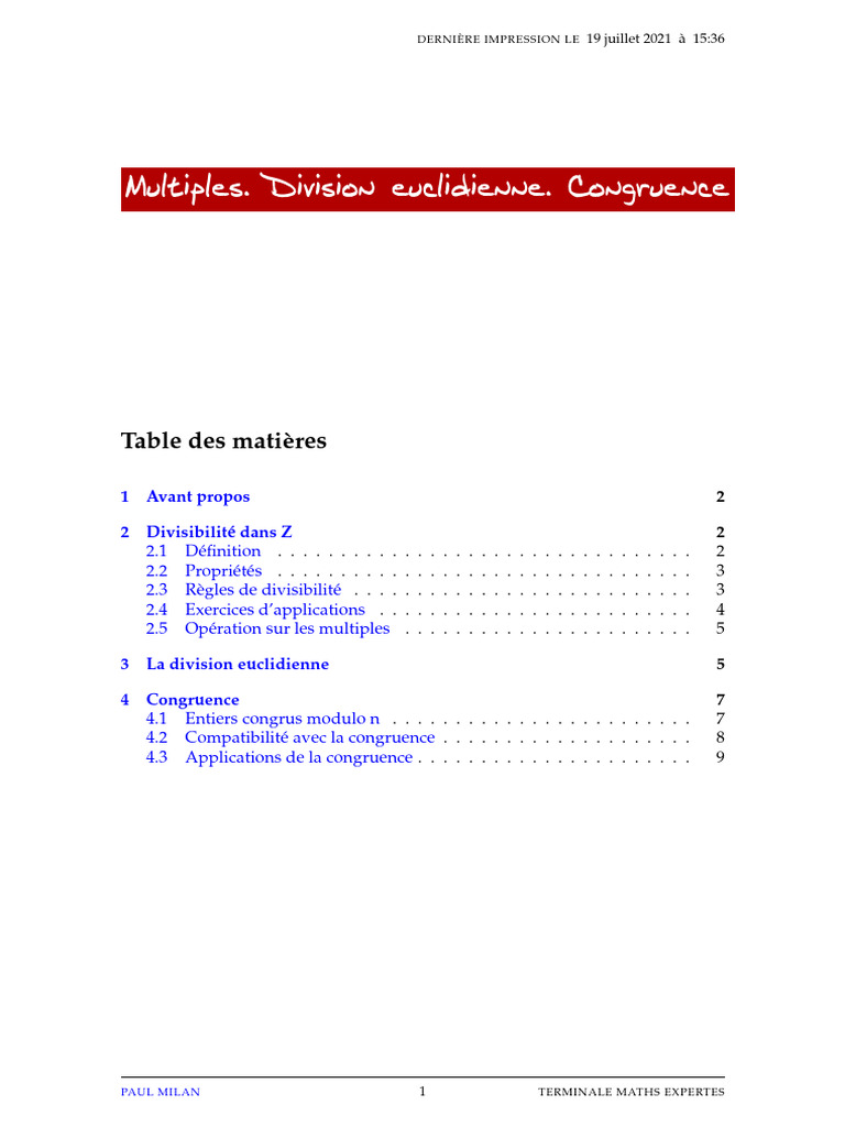 Division Euclidienne et Congruence | PDF | Entier naturel | Théorie des ...
